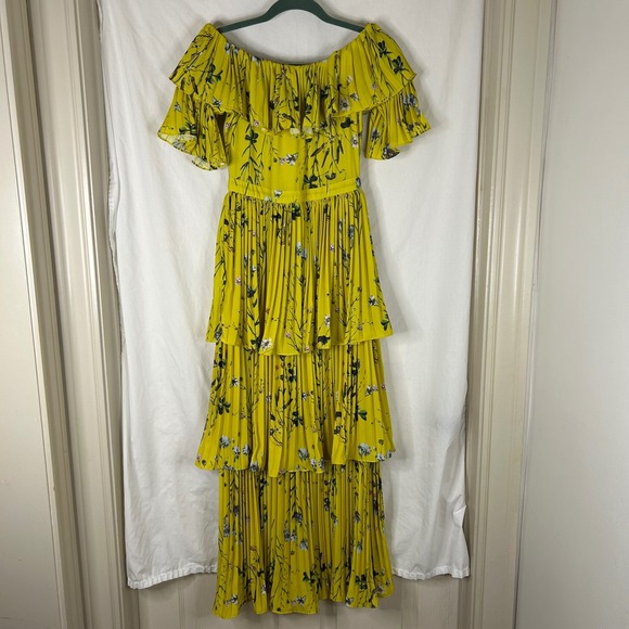 O.P.T. | Dresses | Opt Yellow Floral Pleated Tiered Off The Shoulder ...